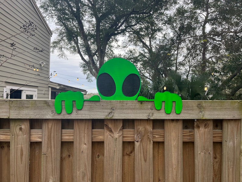 Handcrafted Green Alien Fence Peeker: Whimsical Outdoor Decor - Etsy