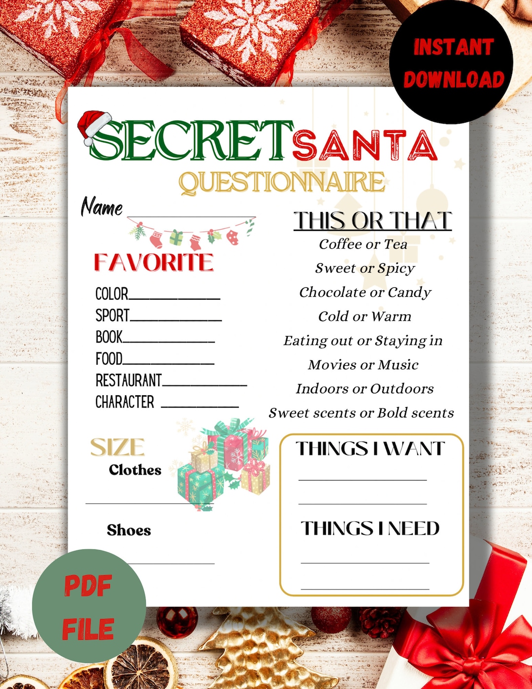 Printable Secret Santa Questionnaire | Name Cards | Christmas Themed - Etsy