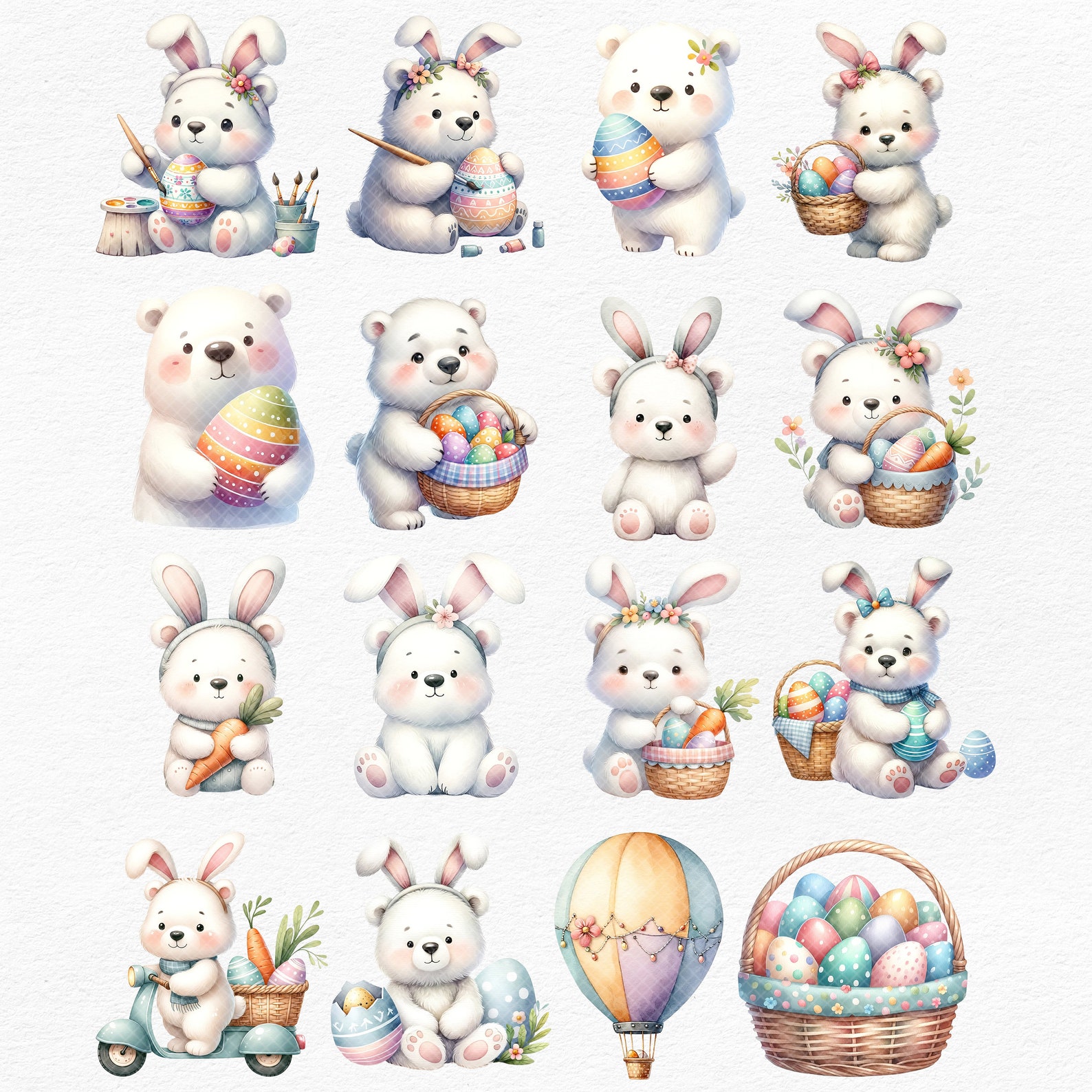 Easter Bear Clipart,easter Day Watercolor Png,cute Bears as Bunny With ...