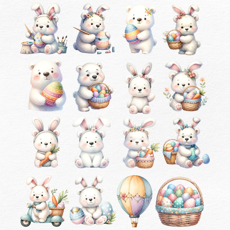 Easter Bear Clipart,easter Day Watercolor Png,cute Bears as Bunny With ...