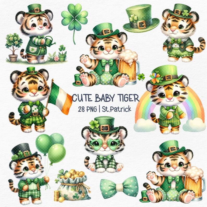 St. Patrick's Day Baby Tiger Clipart - Cute Tiger Illustrations in ...