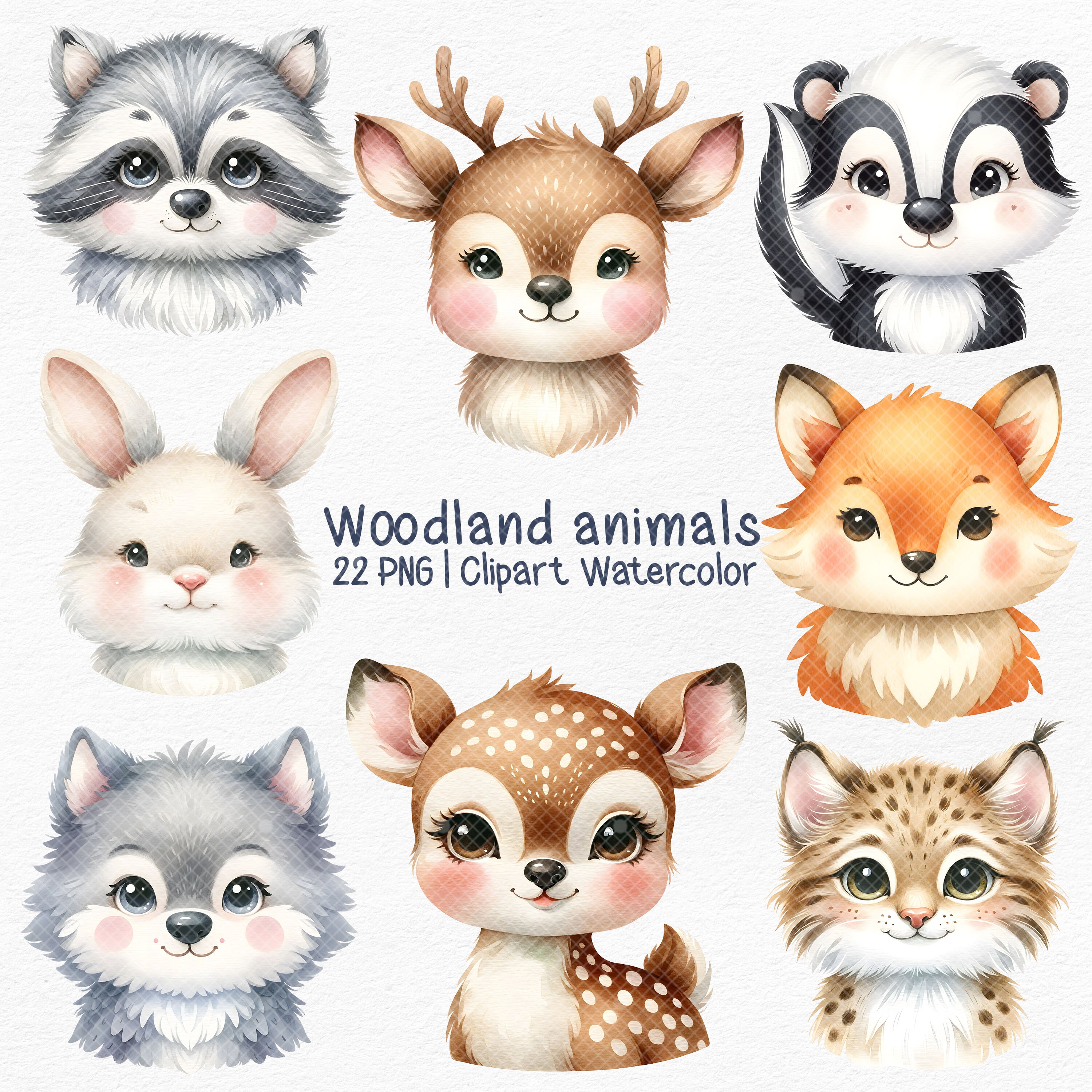 Woodland Animals Head Watercolor Clipart, Forest Animals Clipart ...