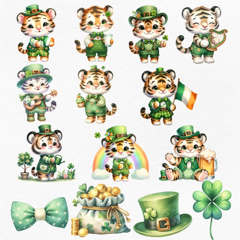 St. Patrick's Day Baby Tiger Clipart - Cute Tiger Illustrations in ...