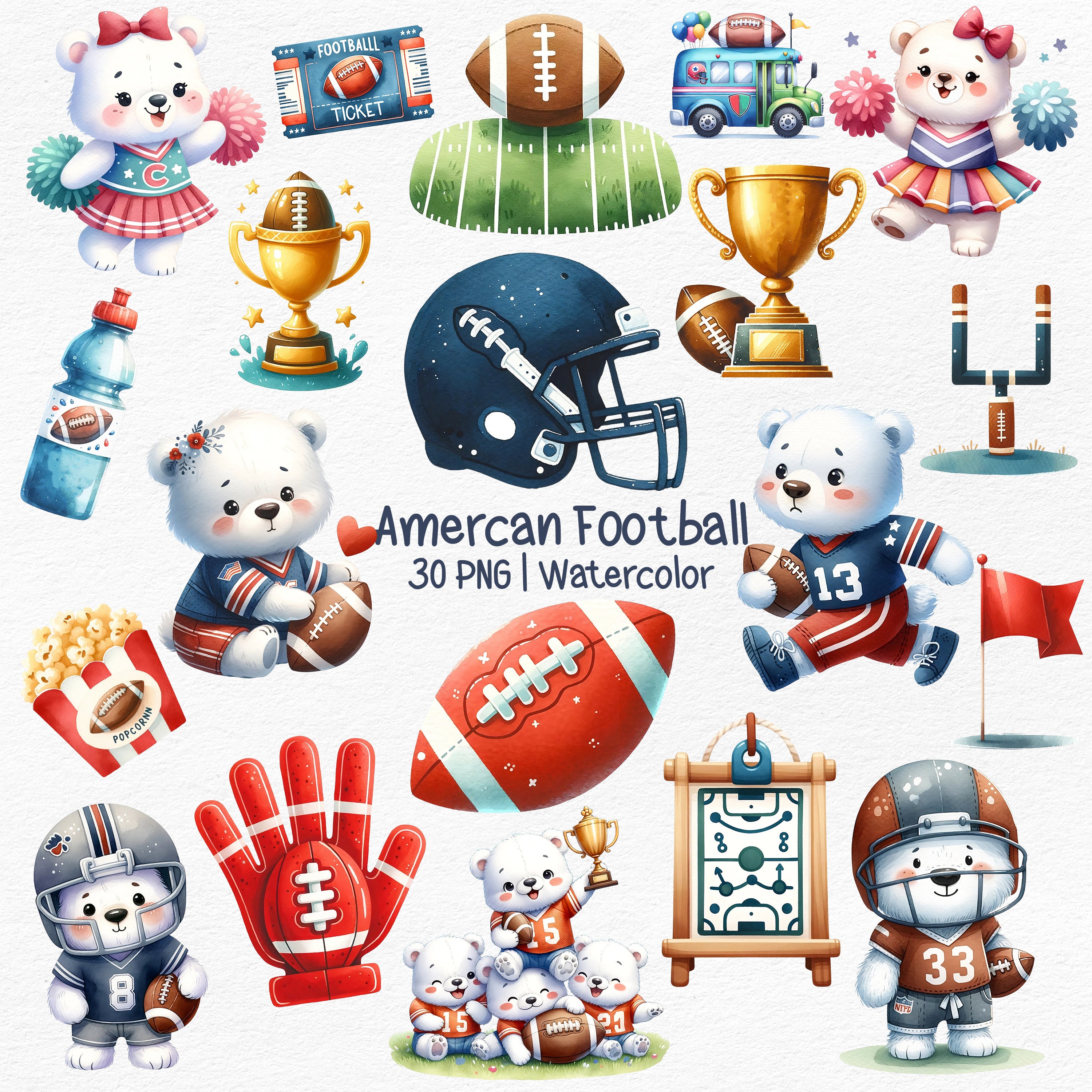 Cute Watercolor Bear American Football Clipart , Cute Sports ...