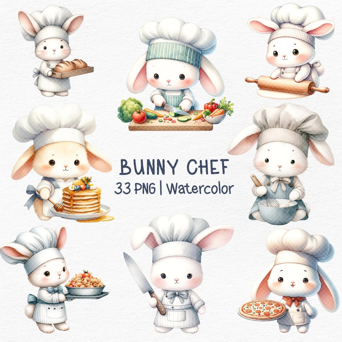 Watercolor Bunny Chef Clipart, Cute Rabbit Cooking Digital PNG, Kitchen ...
