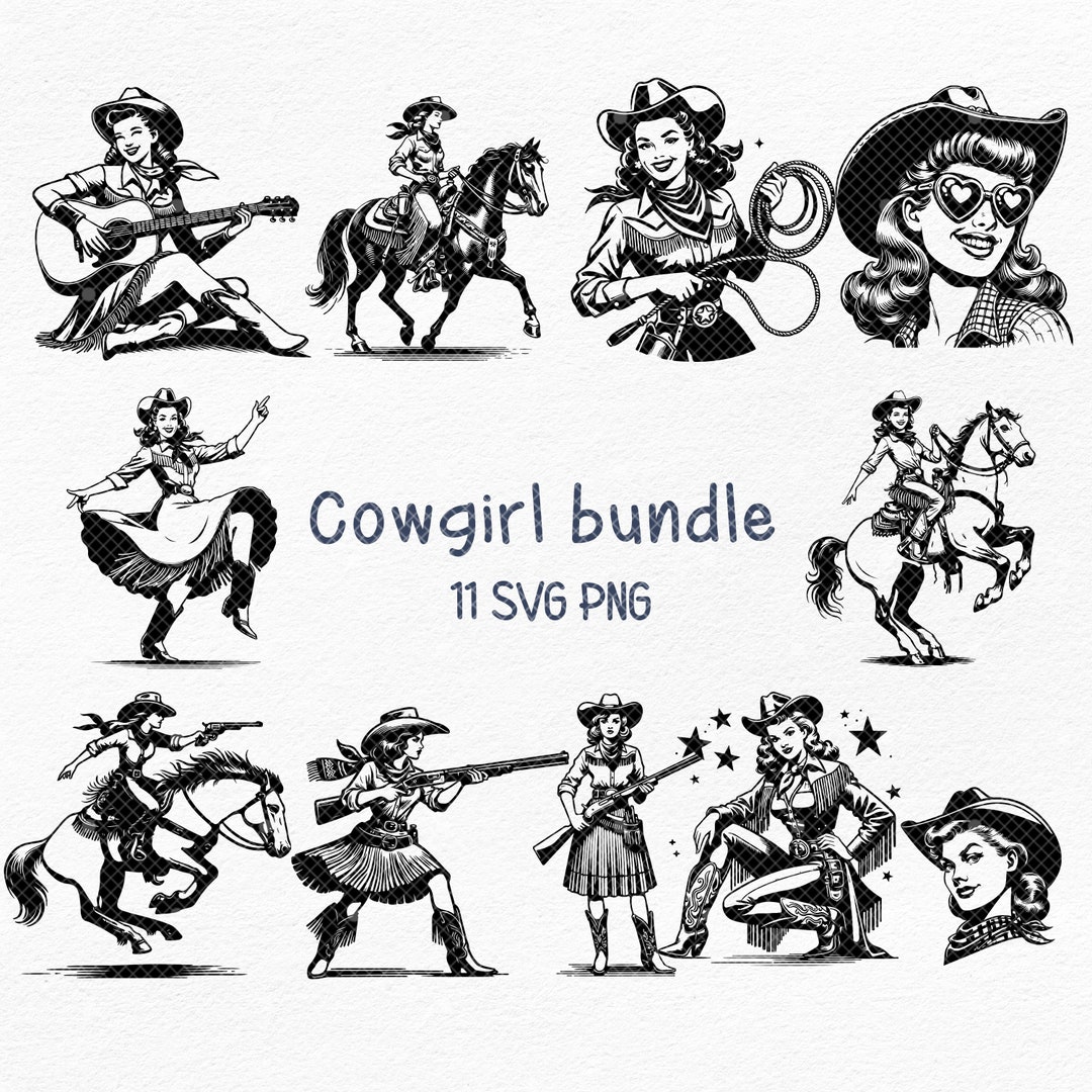 Retro Cowgirl Clipart Bundle,retro Cowgirl Svg Png,vintage Cowgirl ...