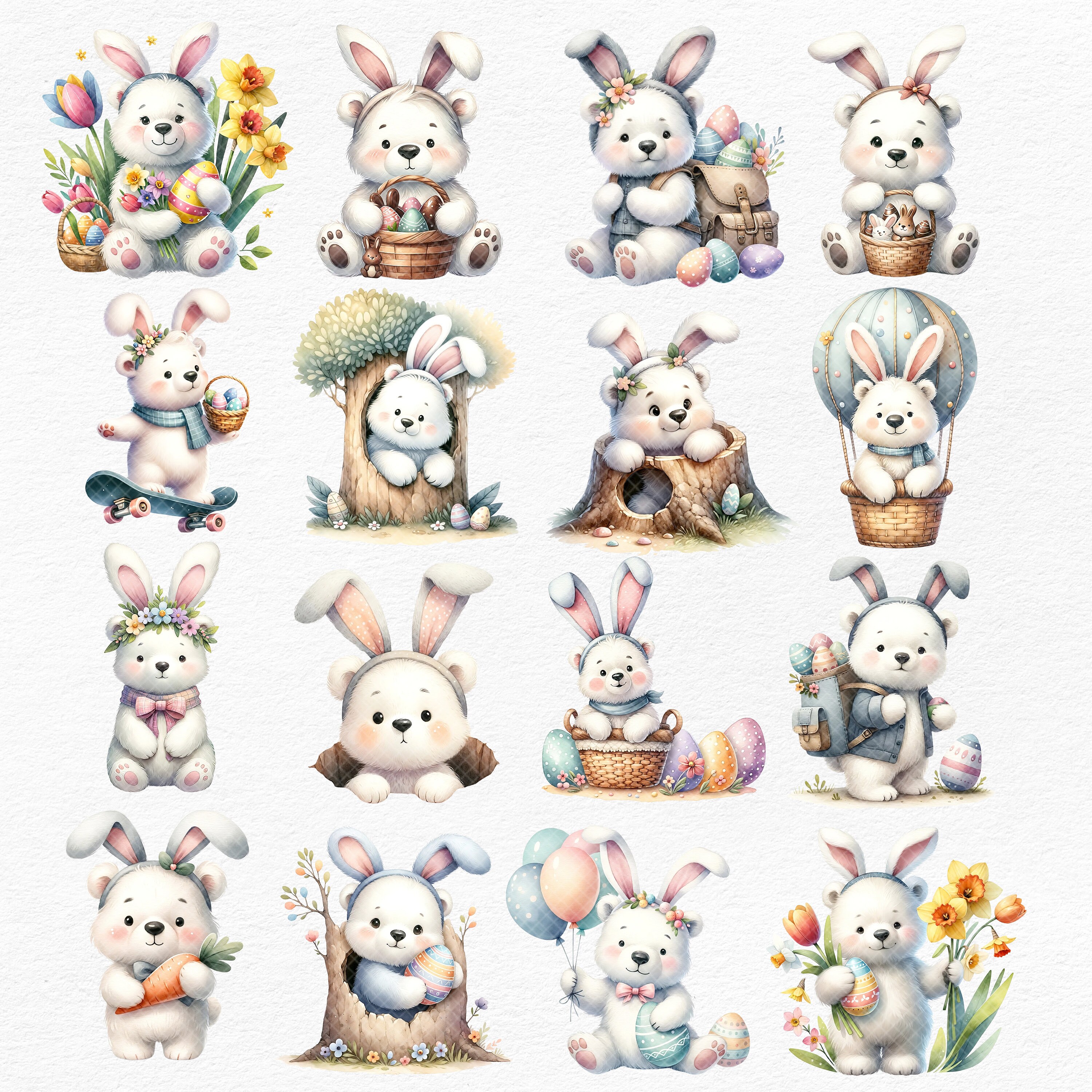 Easter Bear Clipart,easter Day Watercolor Png,cute Bears as Bunny With ...
