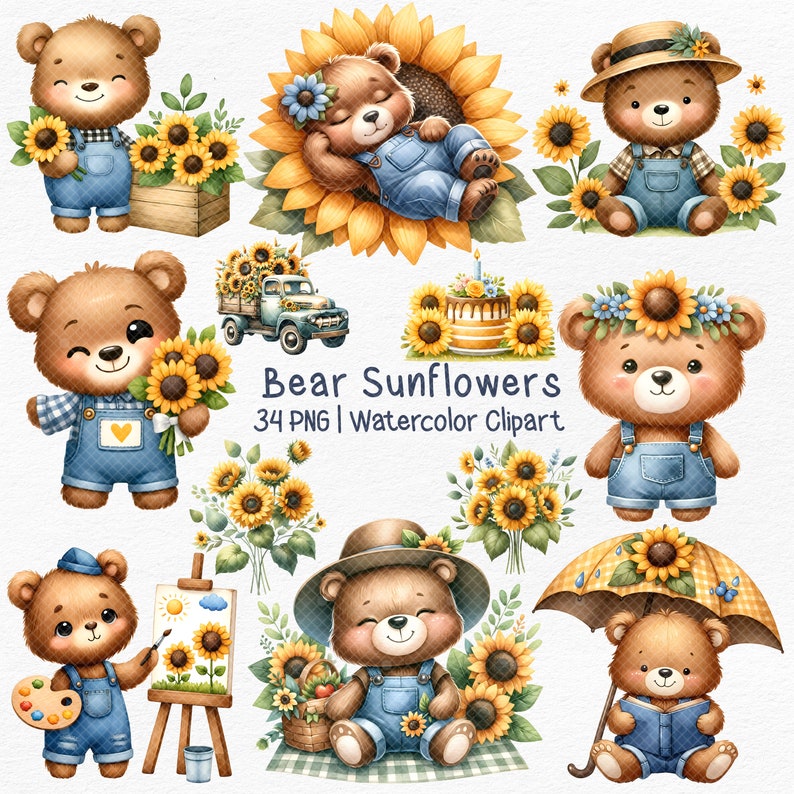 Bear Sunflower Clipart,teddy Bear Sunflower,teddy Bear Clipart, Cute ...