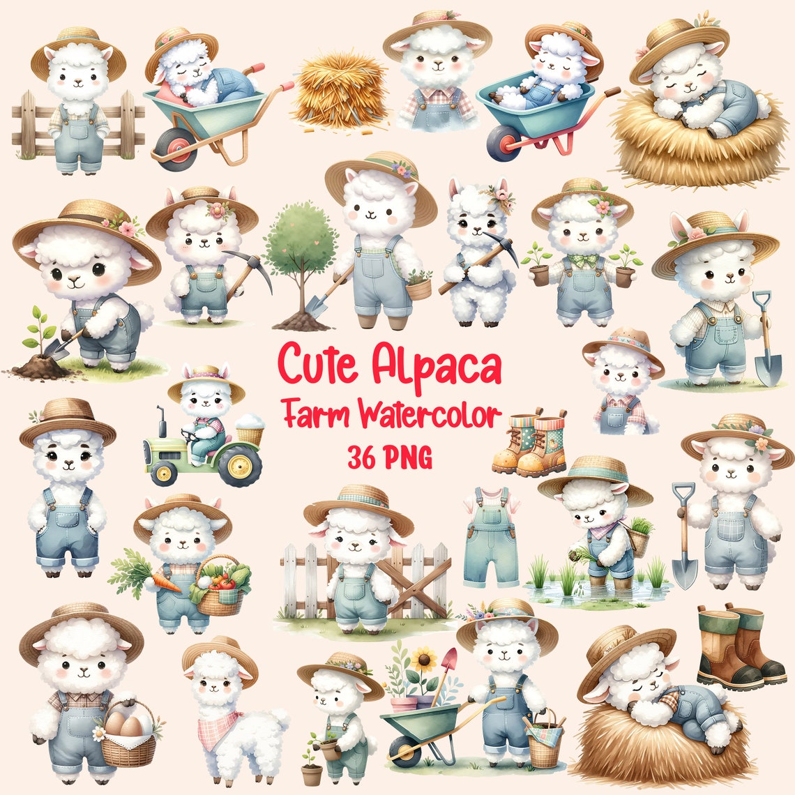 Alpaca Watercolor Png,cute Alpaca Gifts,llama Clipart Set,cute Animal ...