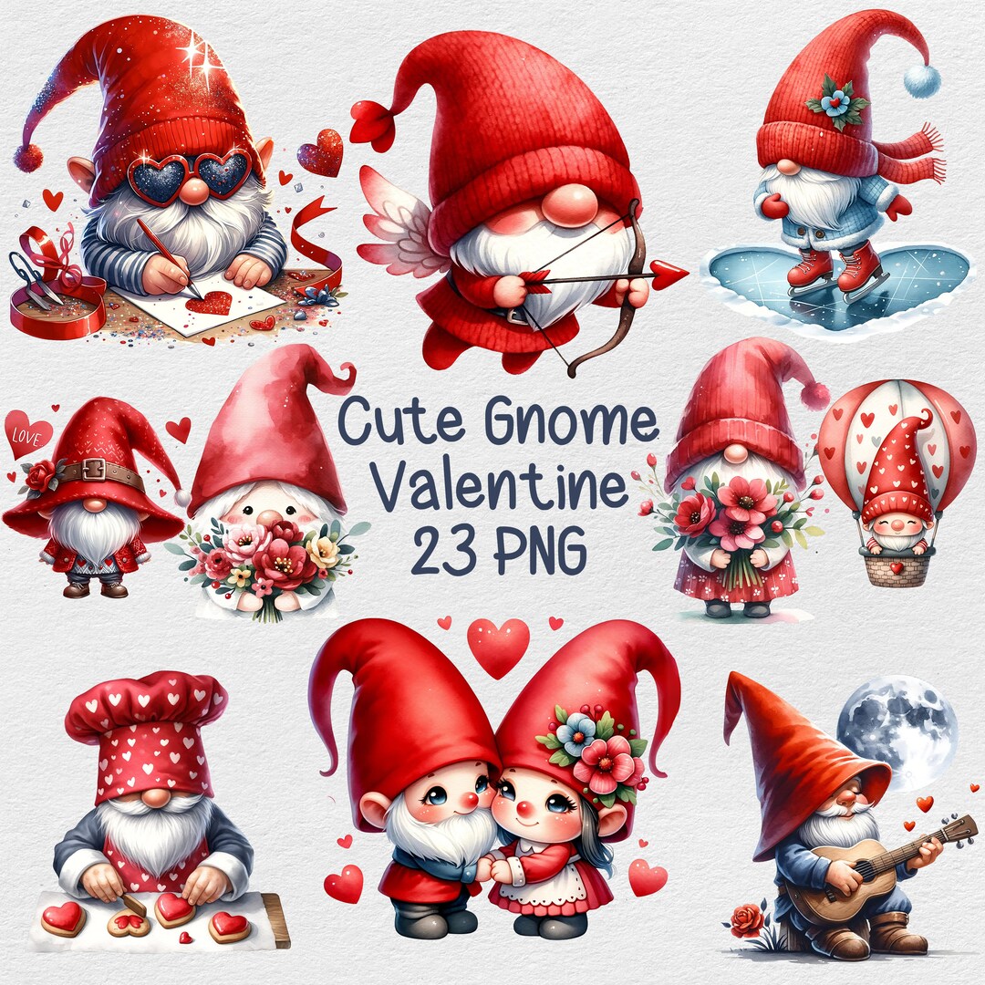 Gnome Valentine Clipart Valentines Png,watercolor Valentine Gnomes ...