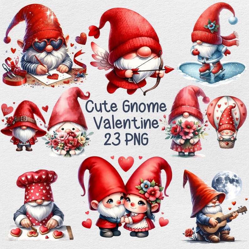 Gnome Valentine Clipart Valentines Png,watercolor Valentine Gnomes ...