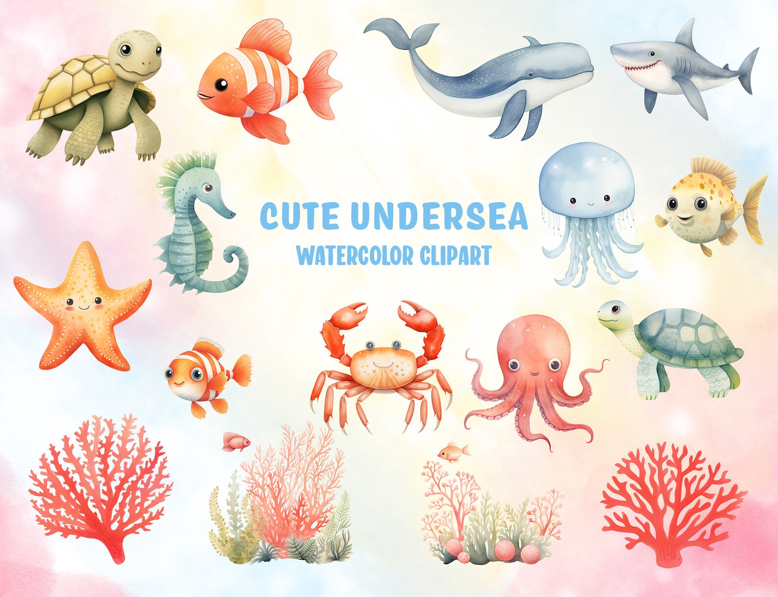 Undersea Watercolor Clipart,under the Sea Png,sea Creatures Png File ...