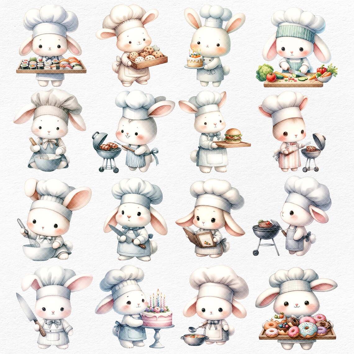 Watercolor Bunny Chef Clipart, Cute Rabbit Cooking Digital PNG, Kitchen ...