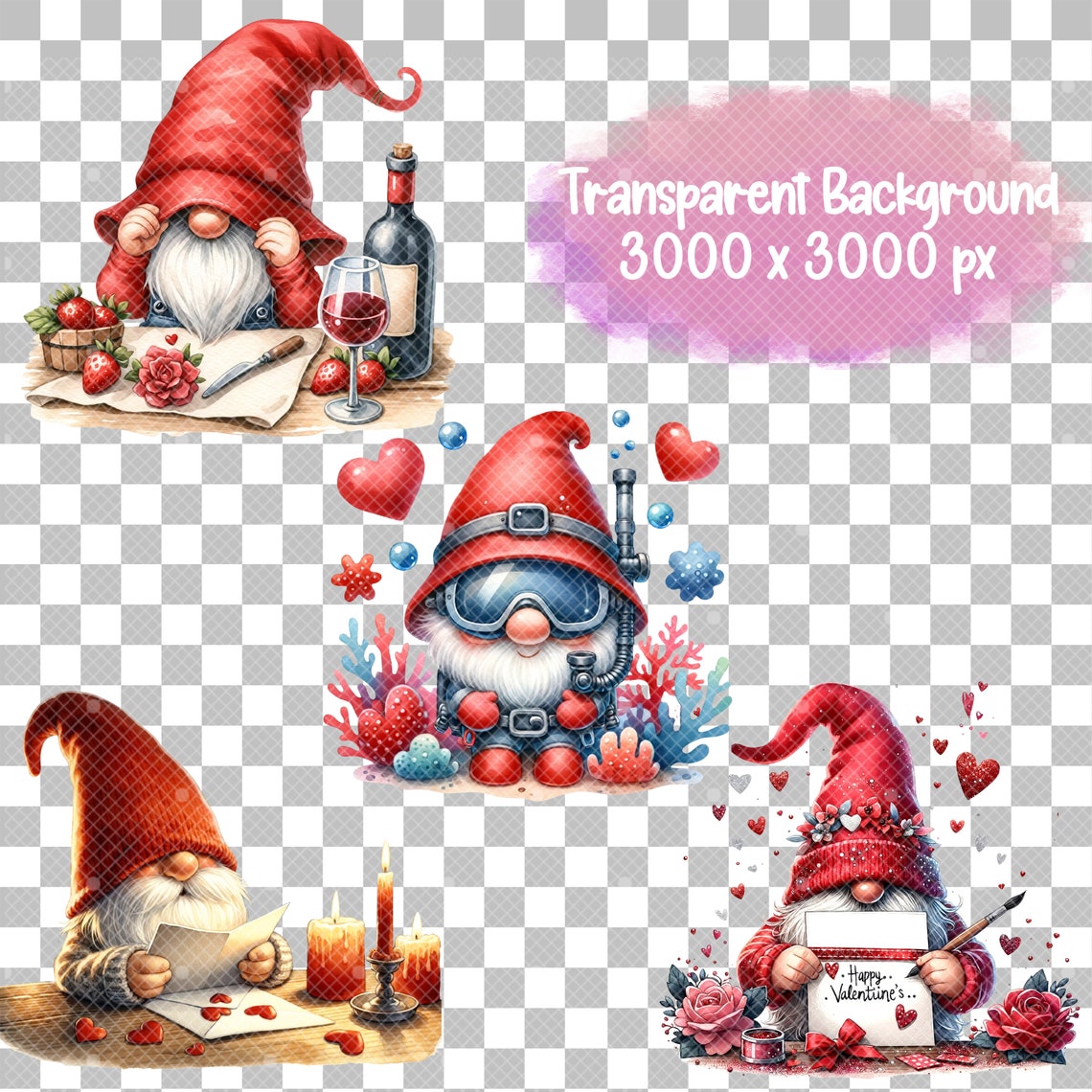 Gnome Valentine Clipart Valentines Png,watercolor Valentine Gnomes ...
