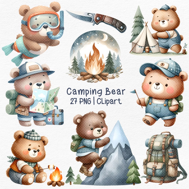 Bear Camping Watercolor,camping Bear Camping Animals ,summer Bear ...