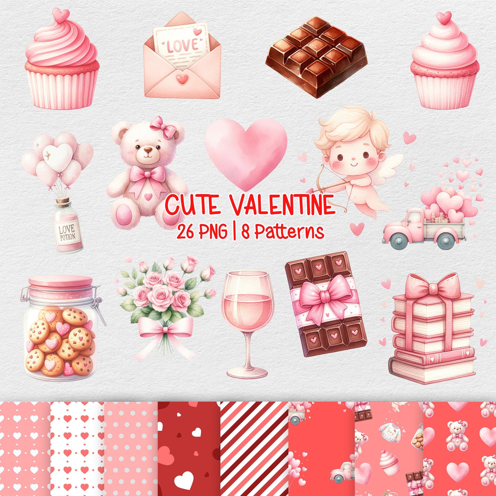 Valentines Day Watercolor Clipart, Love Decor Art, Valentines Day Card ...