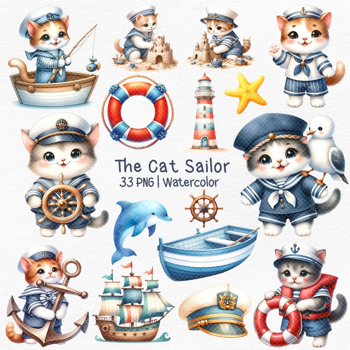 Little Cat Sailor Watercolor Clipart,cat Sailor Watercolor,sailboat ...