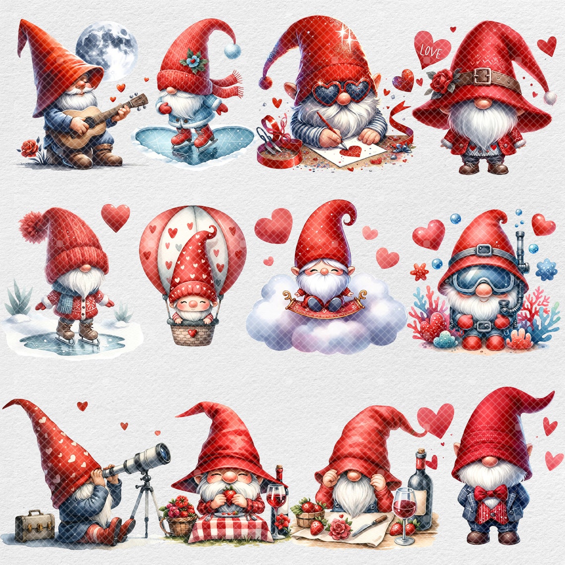 Gnome Valentine Clipart Valentines Png,watercolor Valentine Gnomes ...