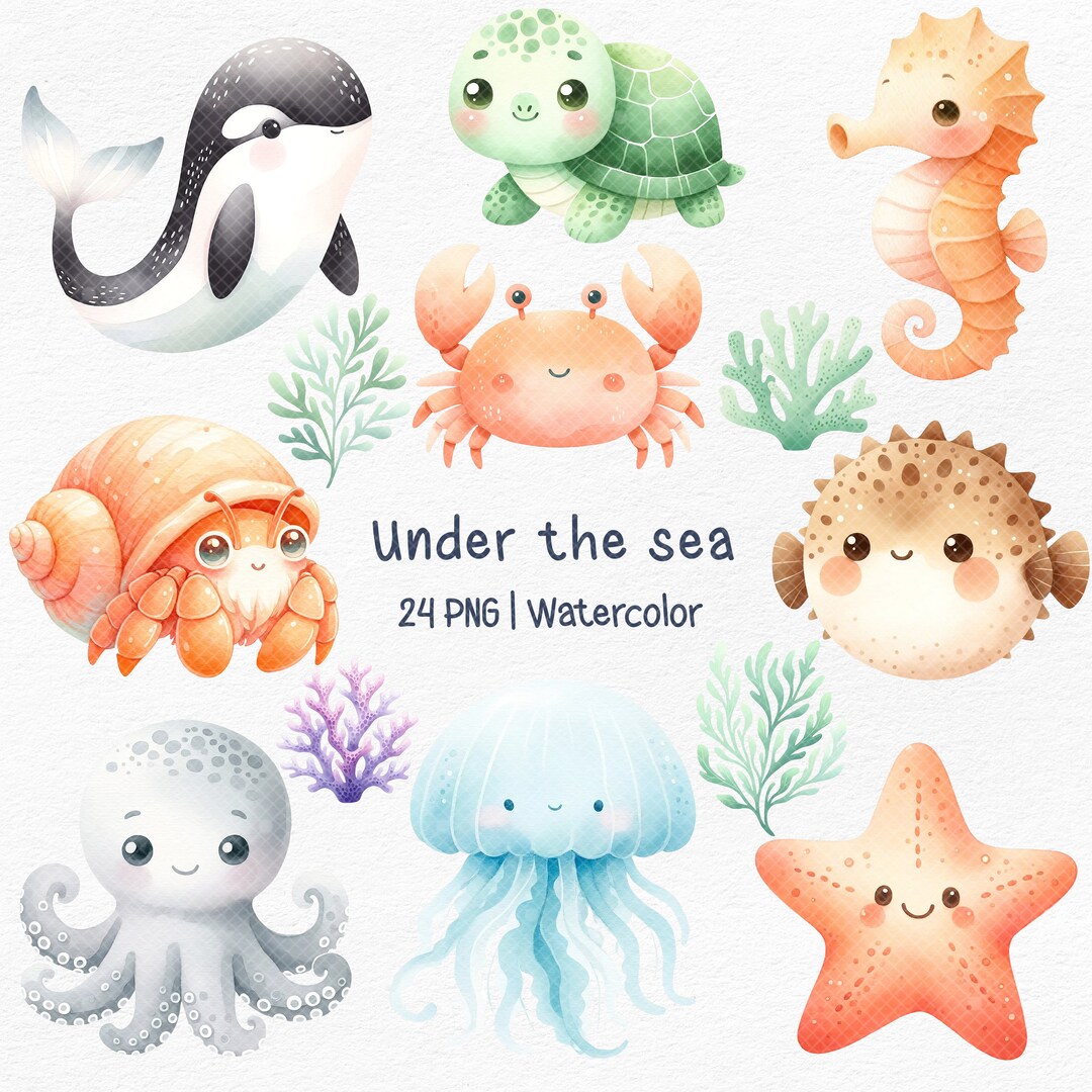 Undersea Watercolor Clipart,under the Sea Png,sea Creatures Png File ...