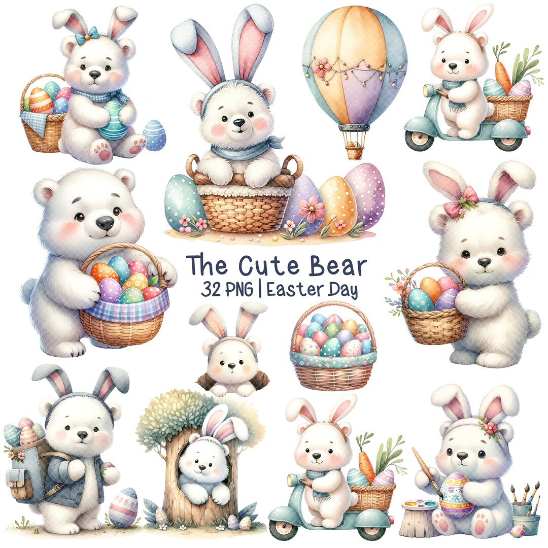 Easter Bear Clipart,easter Day Watercolor Png,cute Bears as Bunny With ...