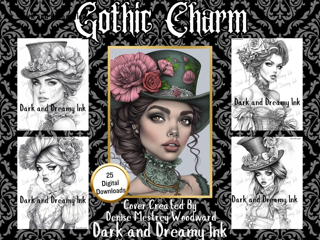 Gothic Charm; Gothic Women Grayscale Coloring Book: 25 Printable Pages ...