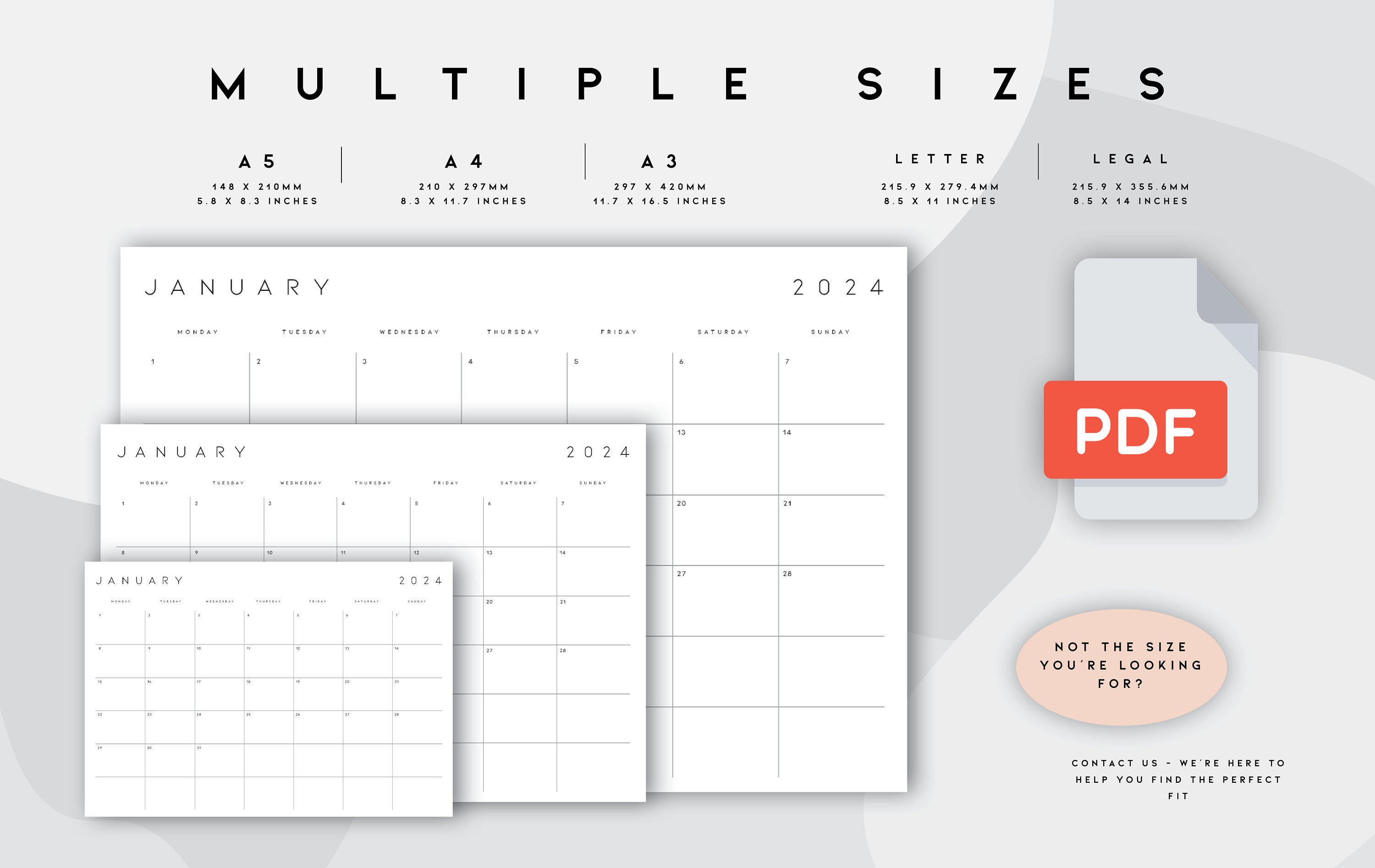 Printable 2024 Monthly Calendar A4, A3, Letter Wall Calendar Monthly ...