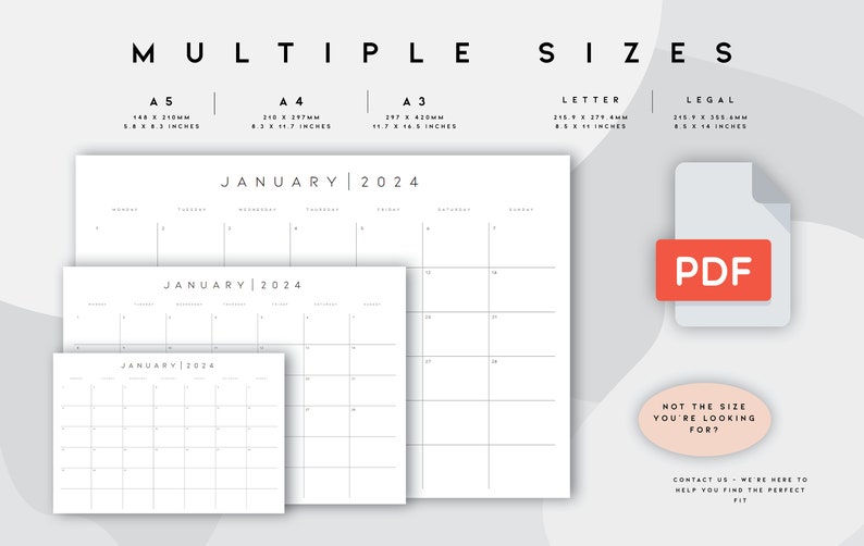 Printable 2024 Monthly Calendar A4 A3 Letter Wall - Etsy