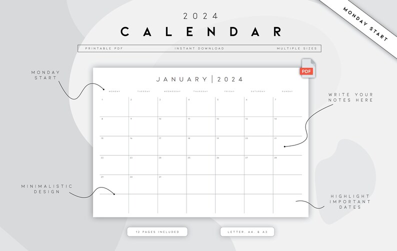 Printable 2024 Monthly Calendar A4 A3 Letter Wall - Etsy