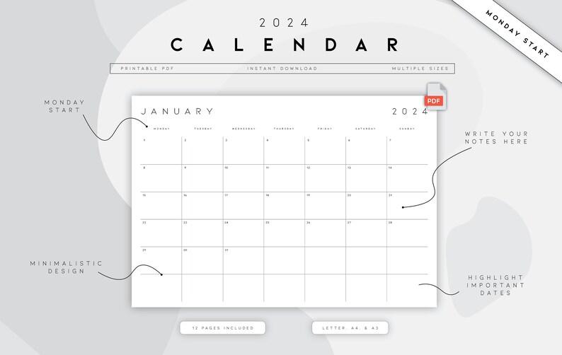 Printable 2024 Monthly Calendar A4, A3, Letter Wall Calendar Monthly ...