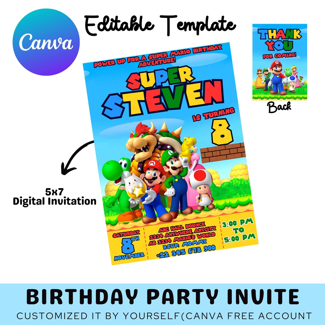 Mario Canva Editable Birthday Invitation, Super Mario Theme Invitation ...