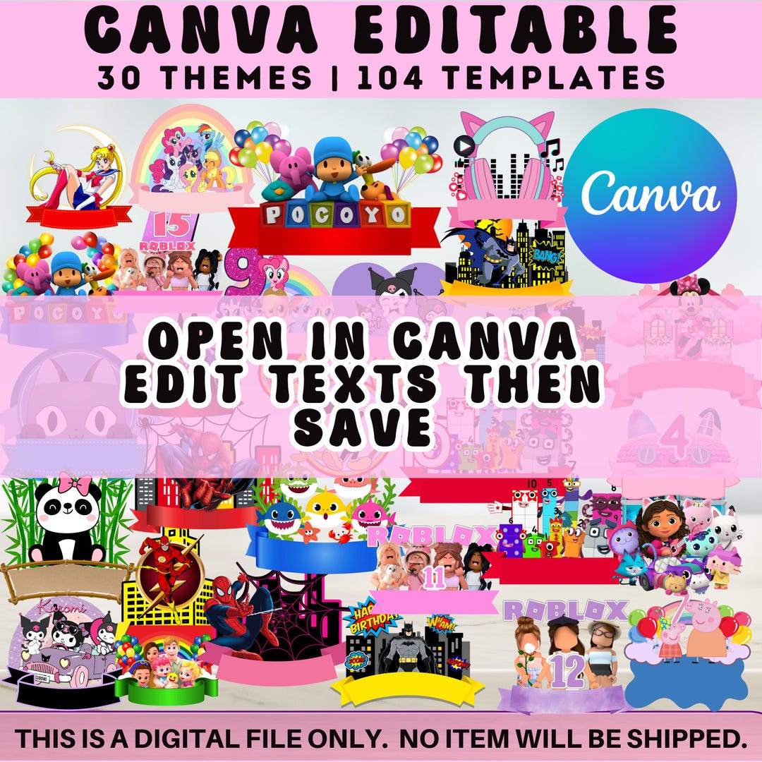 104 Canva Editable Cake Toppers 30 Party Themes Instant Digital ...