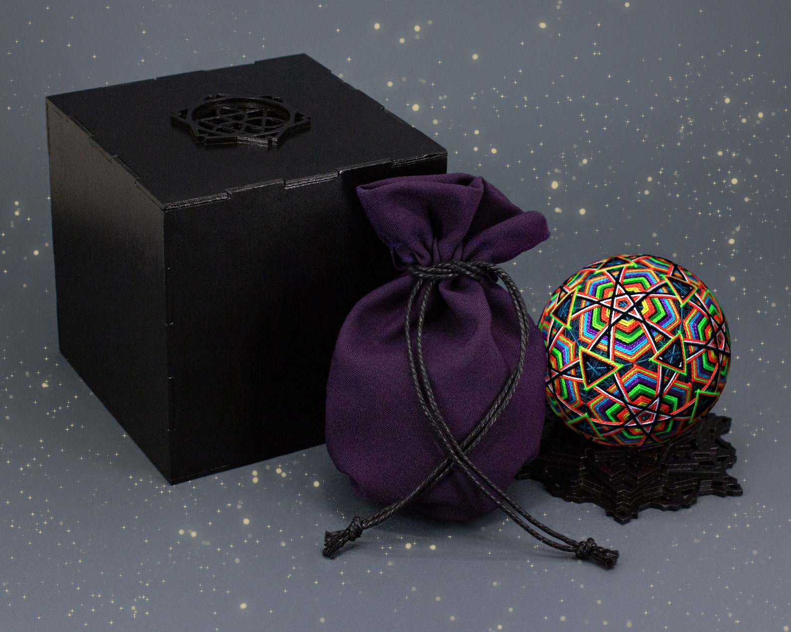 Temari Ball Luck Talisman "smile" - Glowing in UV Embroidered Thread ...