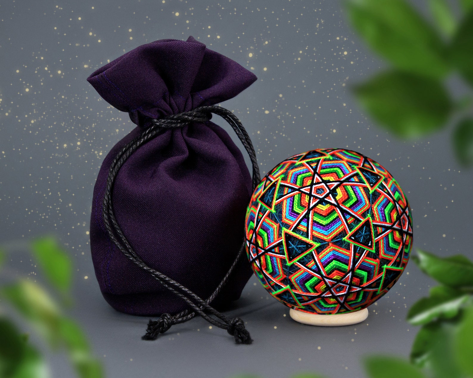 Temari Ball Luck Talisman "smile" - Glowing in UV Embroidered Thread ...