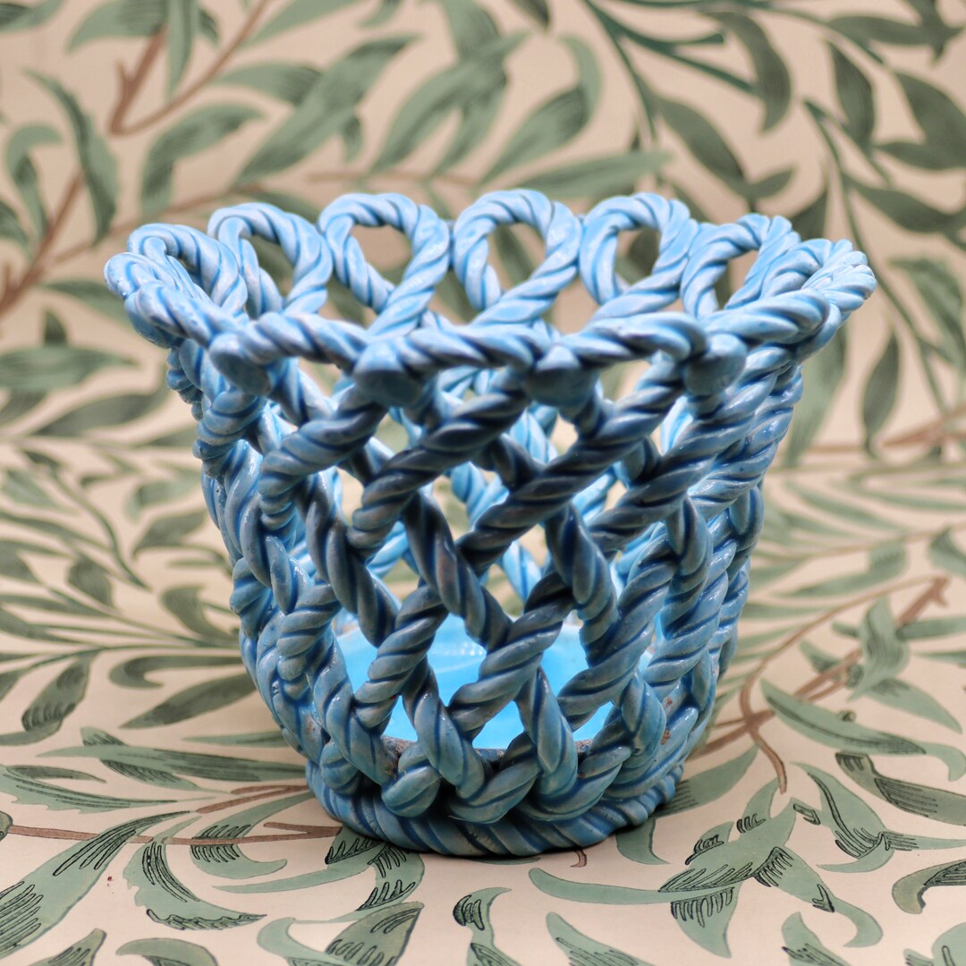 Lattice Italian Country Blue Ceramic Woven Rope Cachepot Basket Planter ...