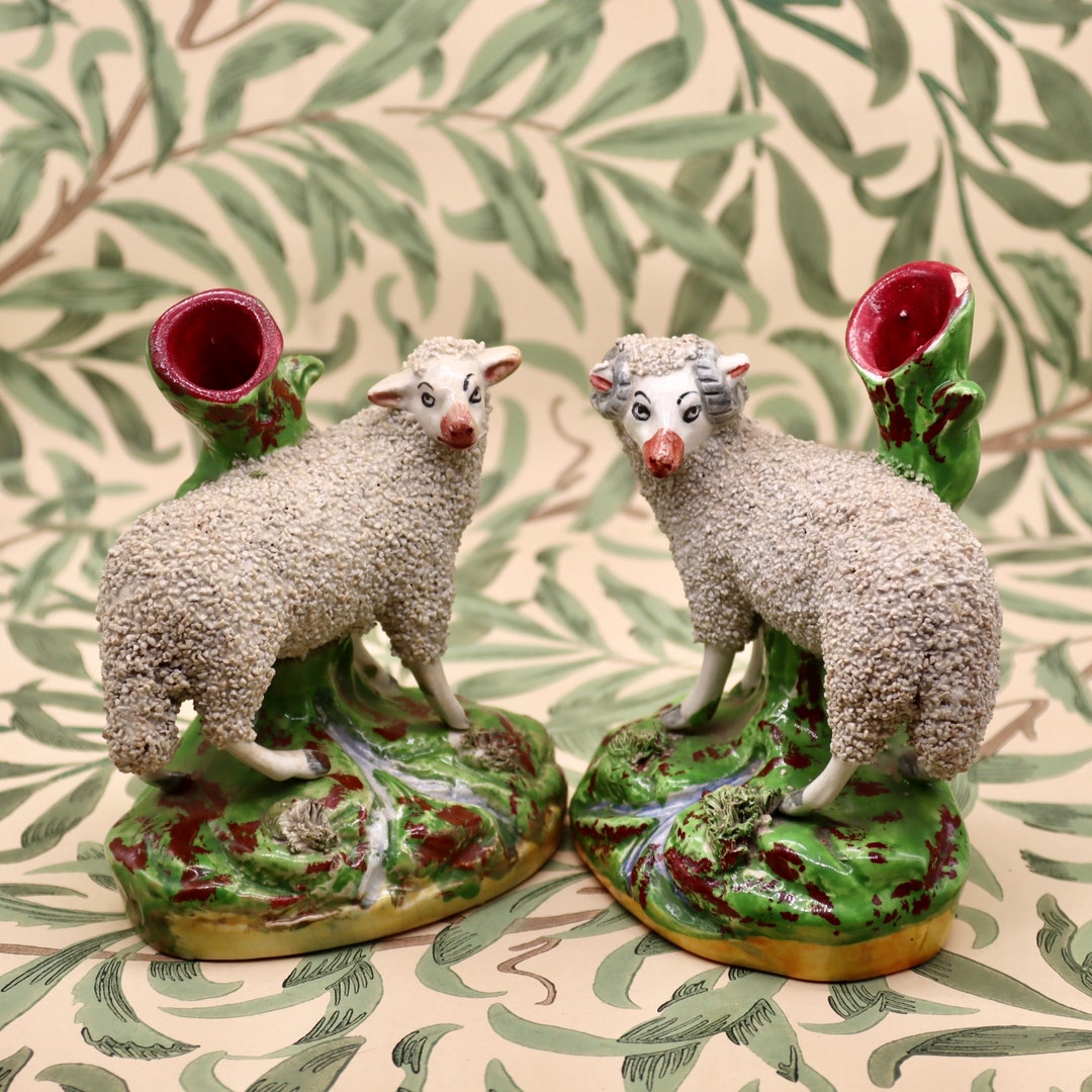 Rare 19th Century Staffordshire Sheep and Ram Spill Vase Pair Kitsch ...