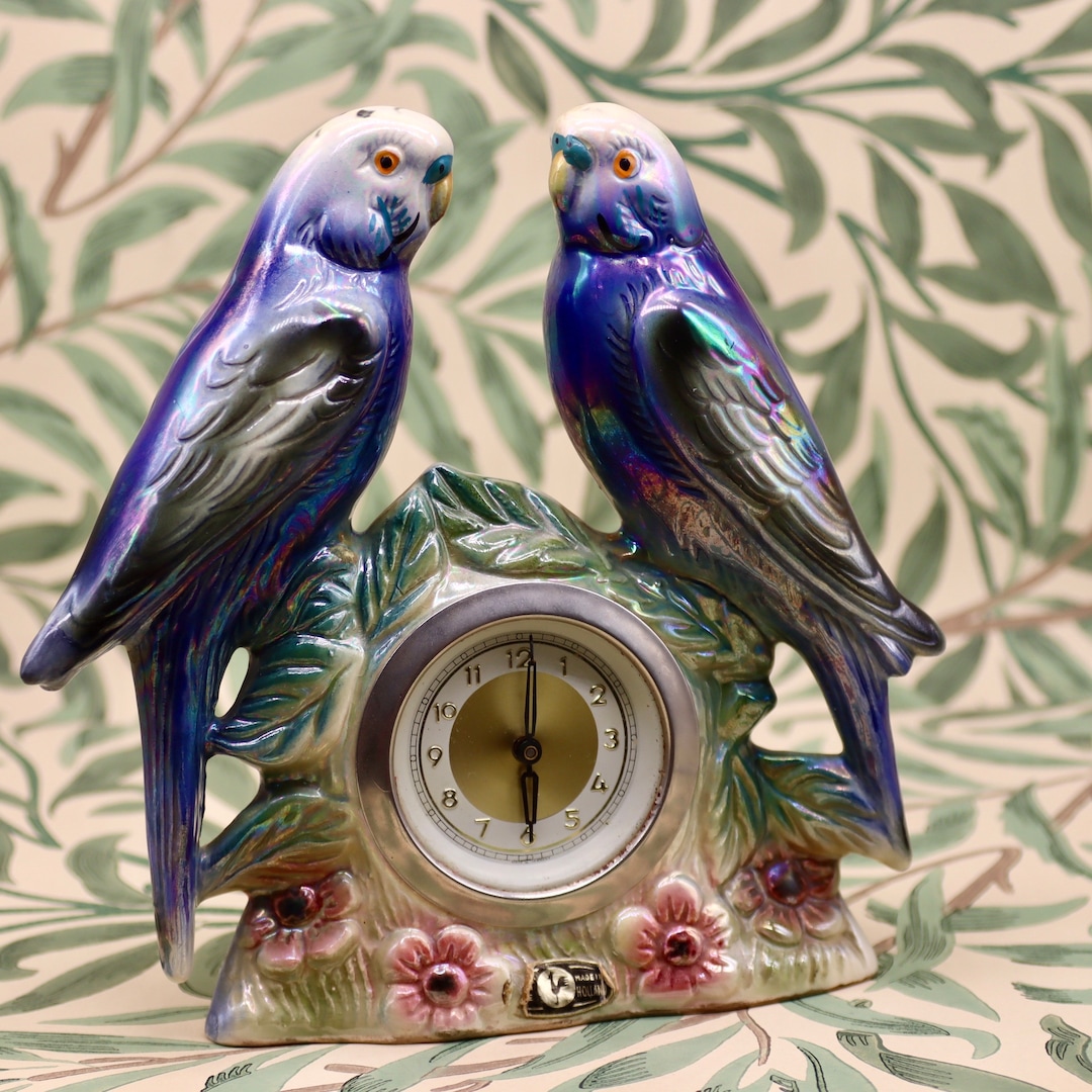 Vintage Budgie Parakeet Parrot Clock Rare Kitsch Lustre Ceramic ...