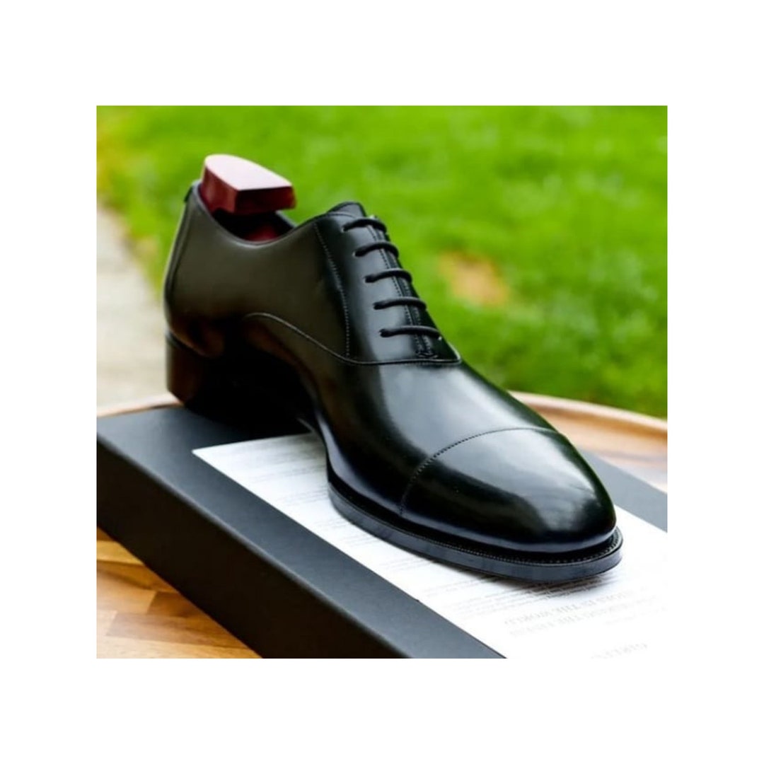 Men's New Handmade Black Leather Cap Toe Oxford Trendy Formal Wear Lace ...