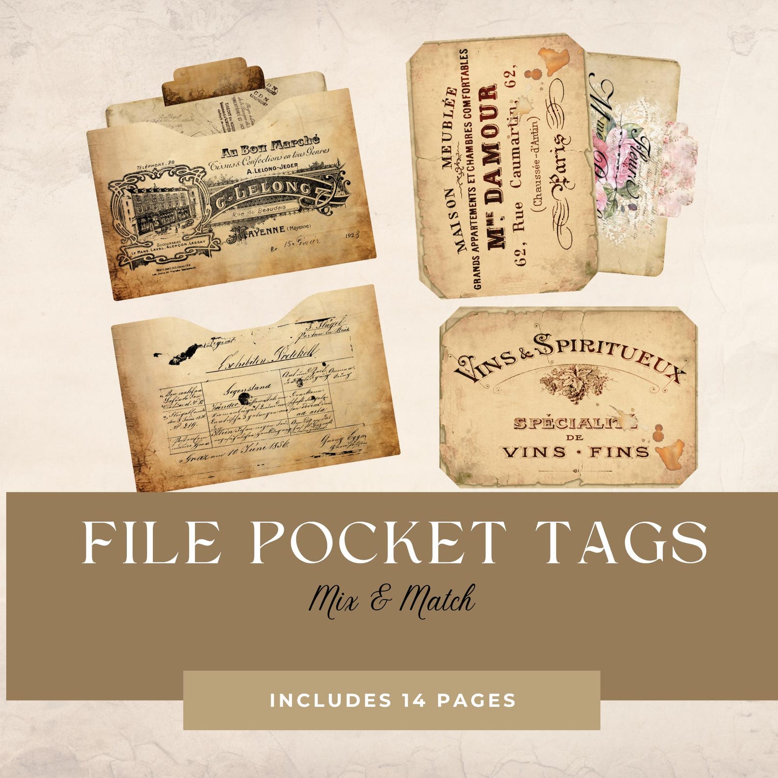 File Pocket Tags Printable – 12 Coordinated Pockets & Cards for Junk ...