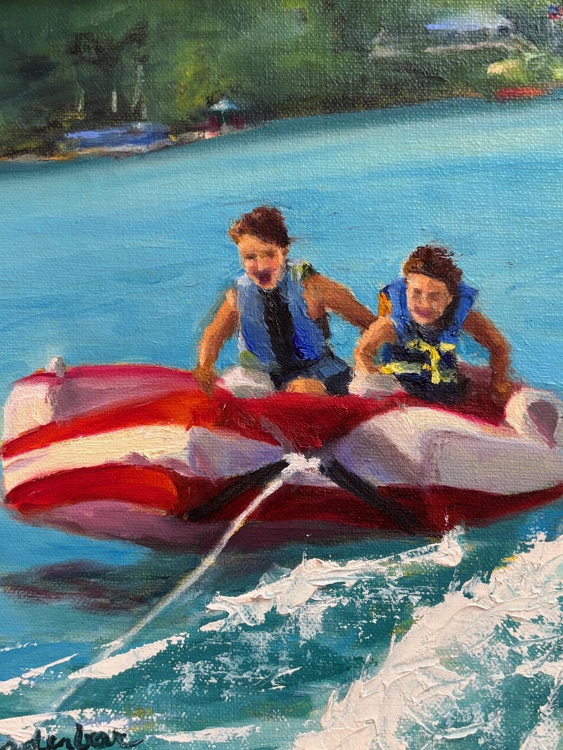 Framed Kids Tubing Oil Painting, Torch Lake Michigan, Lake Cottage ...