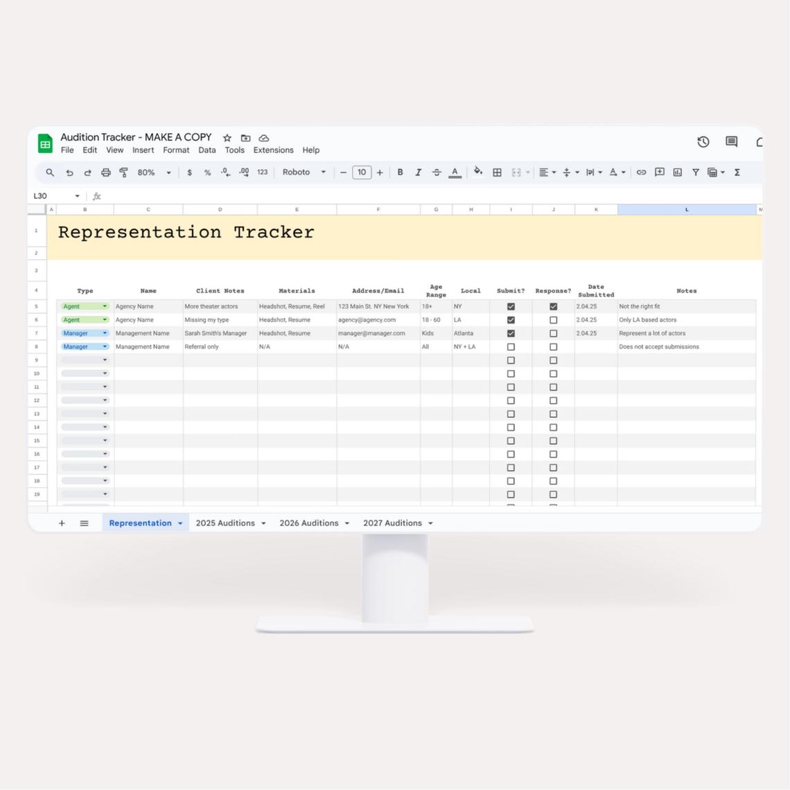 Actor Audition & Submission Tracker – Editable Canva and Google Sheets ...