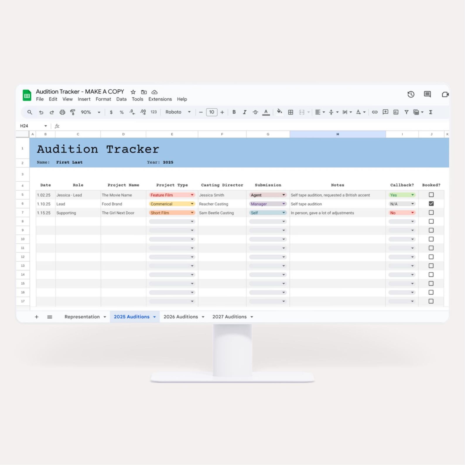 Actor Audition & Submission Tracker – Editable Canva and Google Sheets ...