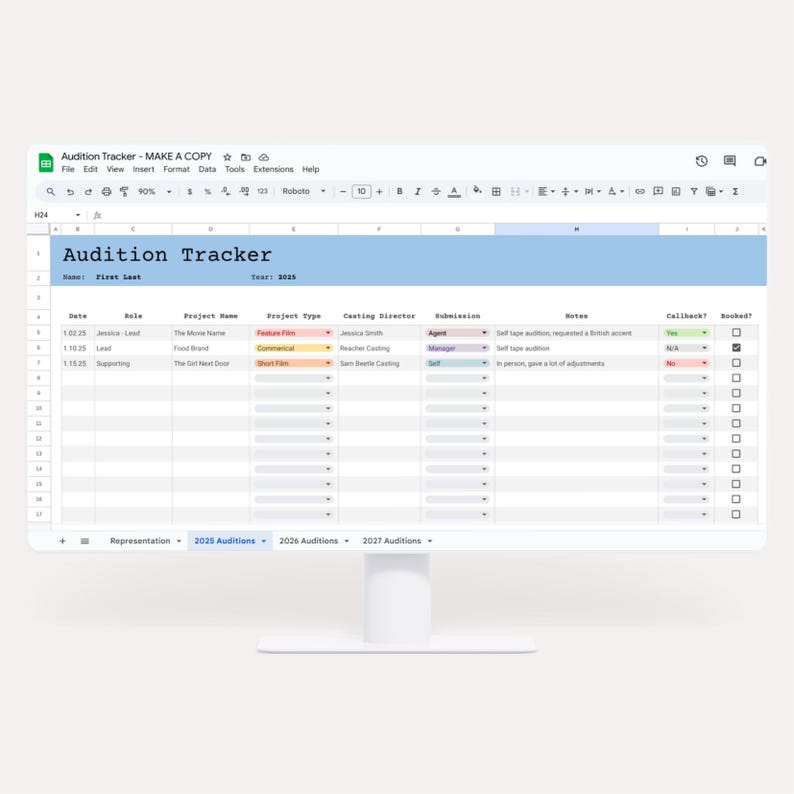 Actor Audition & Submission Tracker – Editable Canva and Google Sheets ...