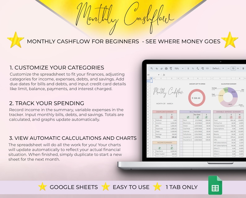 Monthly Cashflow Google Sheets Template, Monthly Cashflow Spreadsheet, Paycheck Budget Tracker ...
