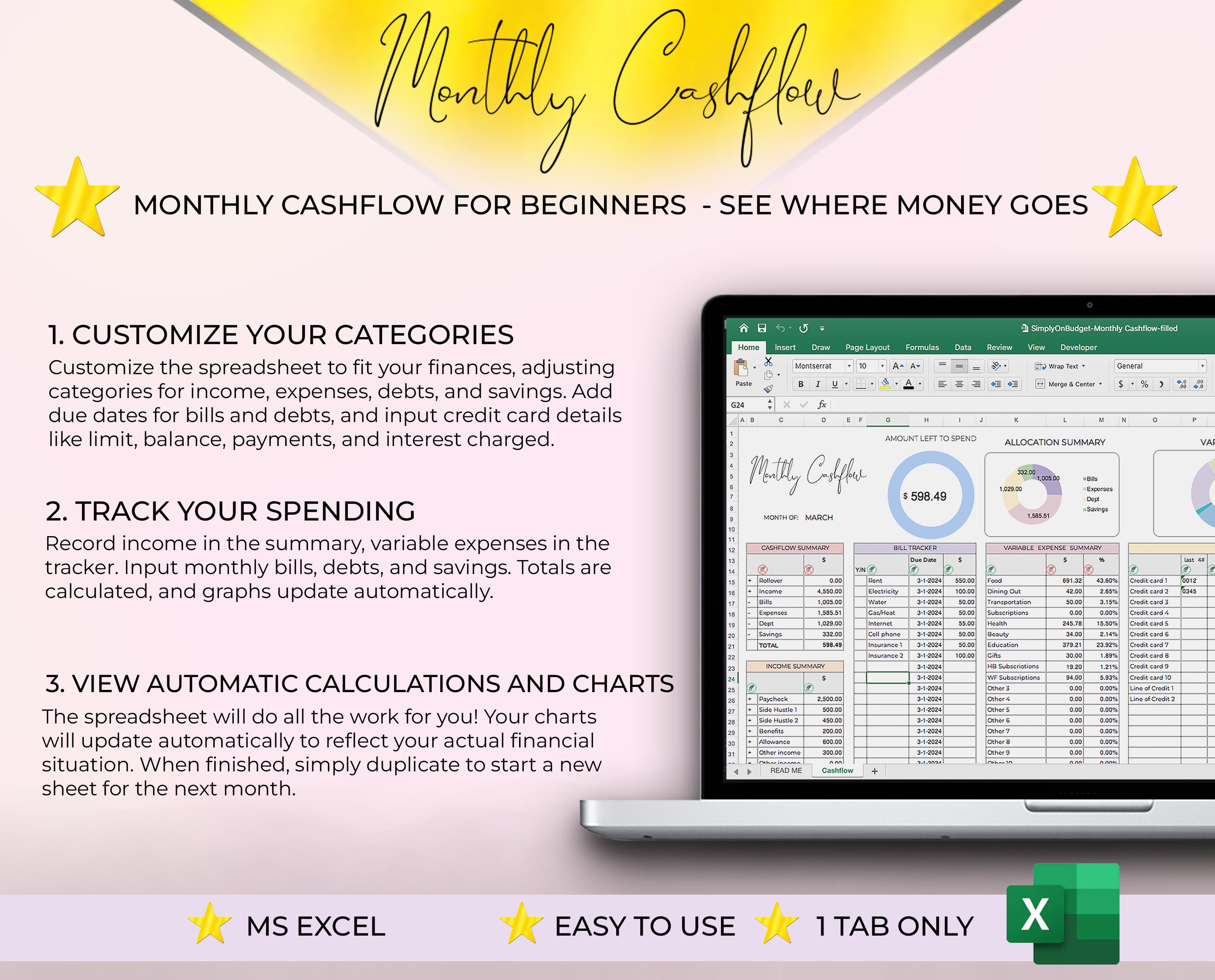 Cashflow Template for Excel, Monthly Spreadsheet, Paycheck Budget ...