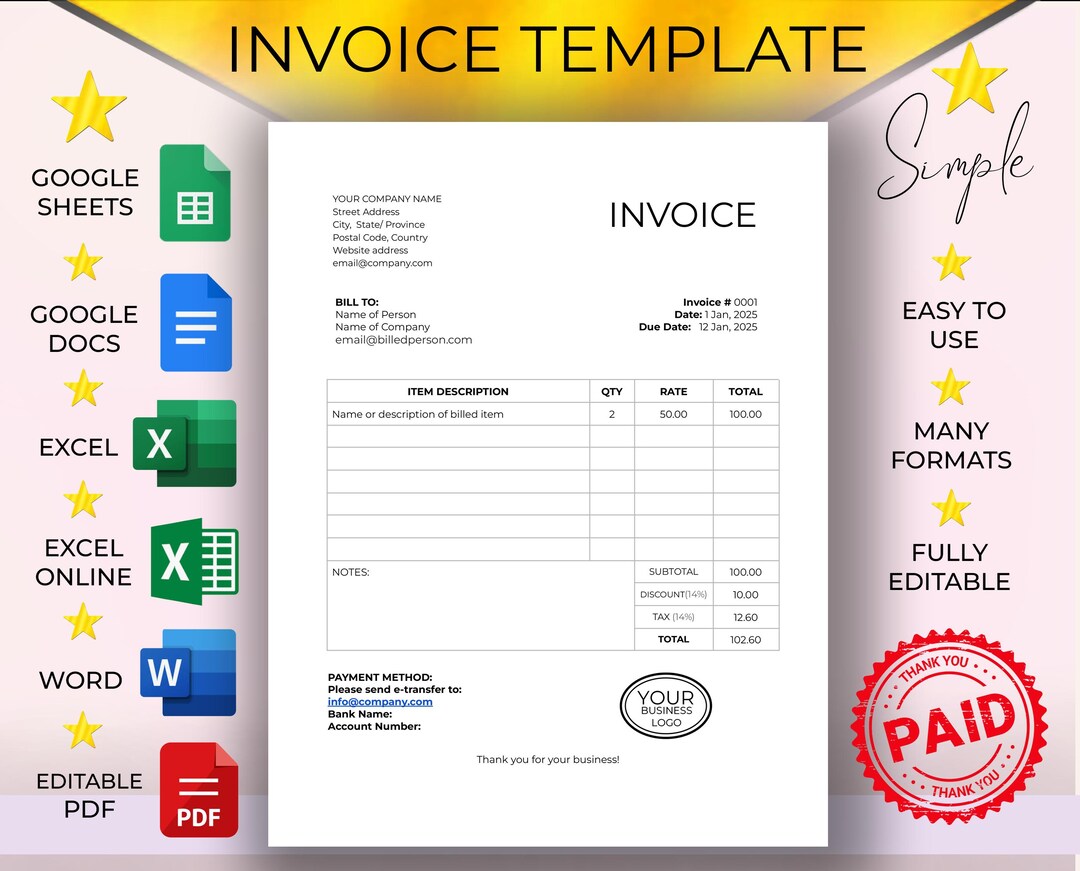 INVOICE TEMPLATE Spreadsheet Google Sheets Custom Excel, Word, Excel ...