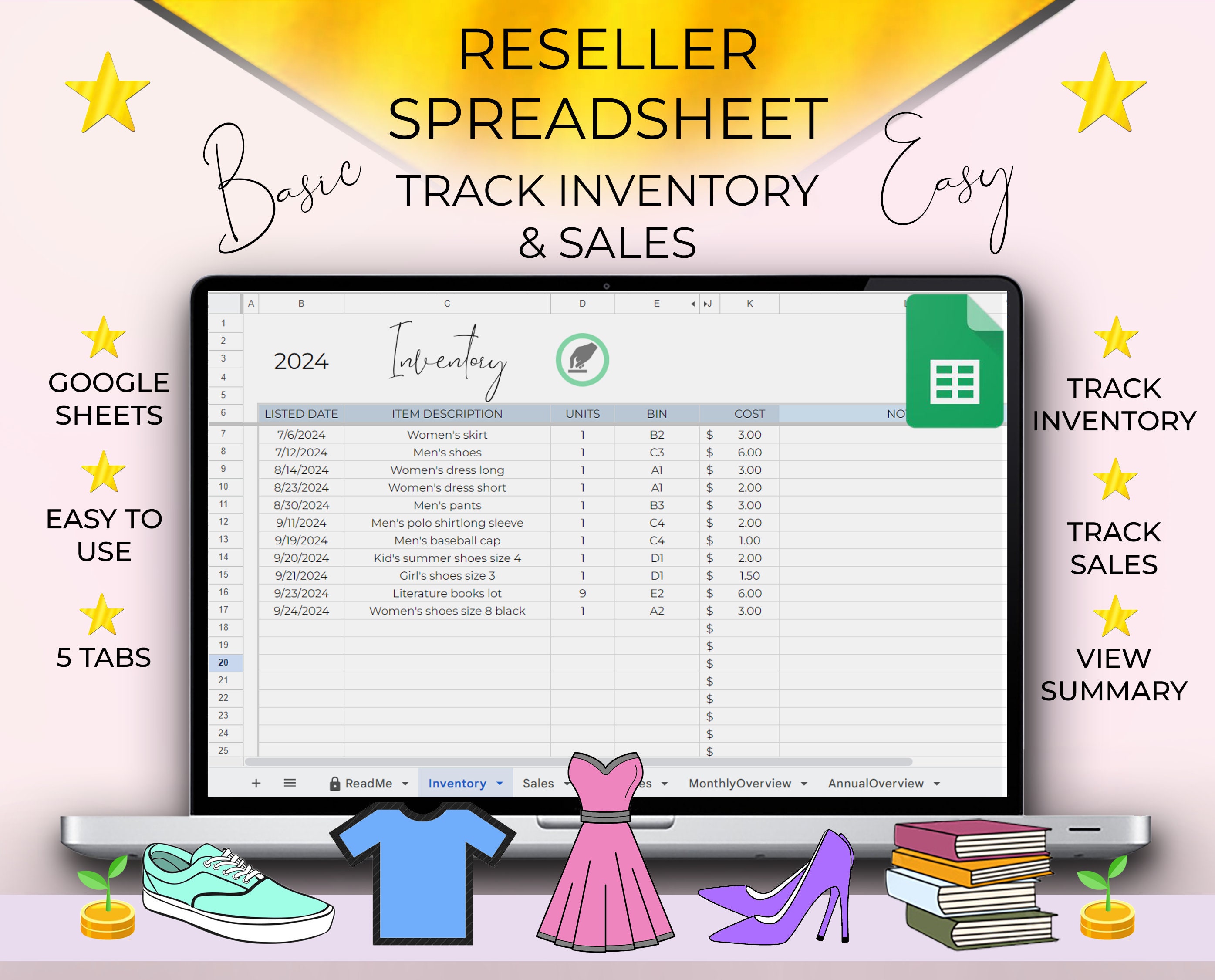 RESELLER Spreadsheet, Google Sheets, Inventory Tracker, Ebay, Client ...
