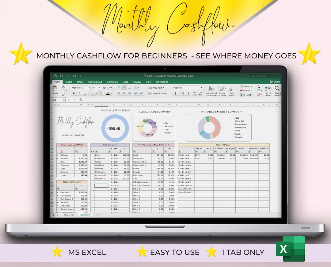 Cashflow Template for Excel, Monthly Spreadsheet, Paycheck Budget ...