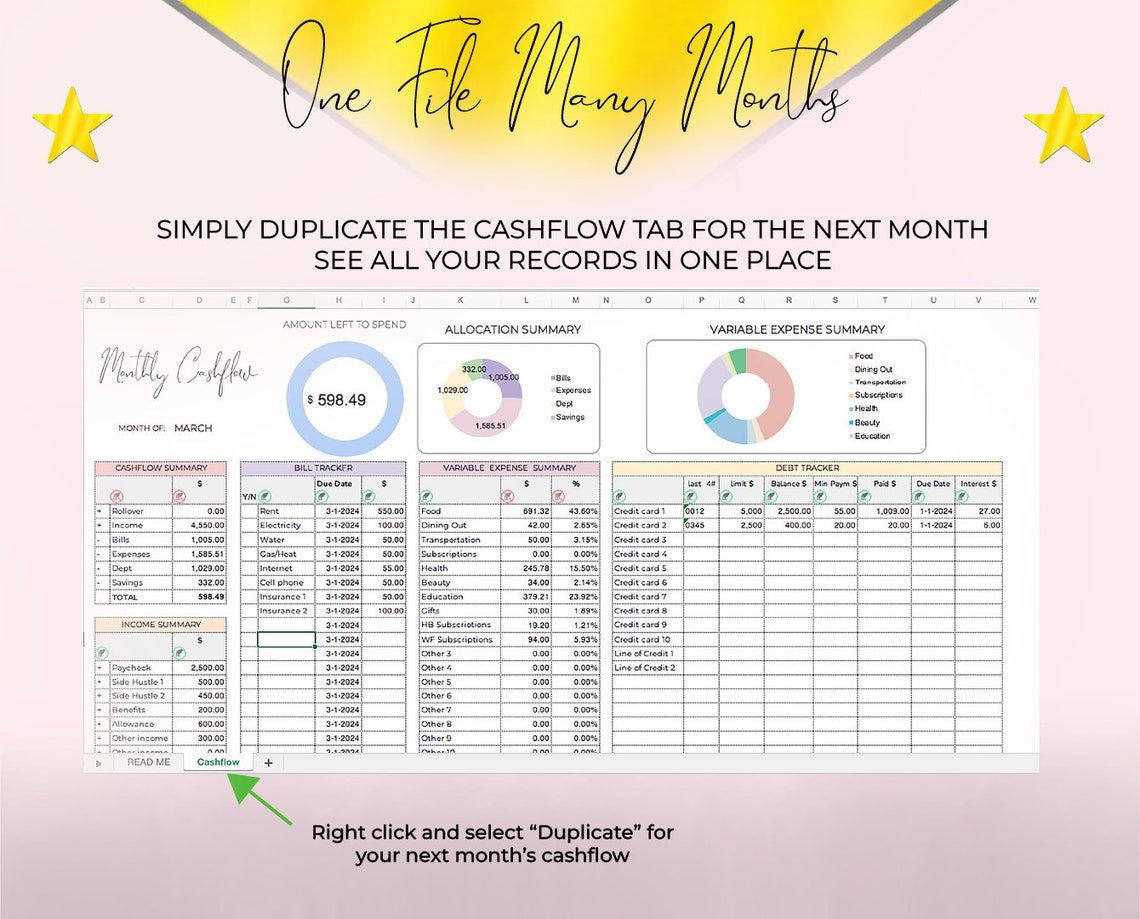 Cashflow Template for Excel, Monthly Spreadsheet, Paycheck Budget ...