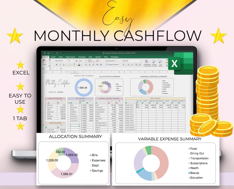 Cashflow Template for Excel, Monthly Spreadsheet, Paycheck Budget ...