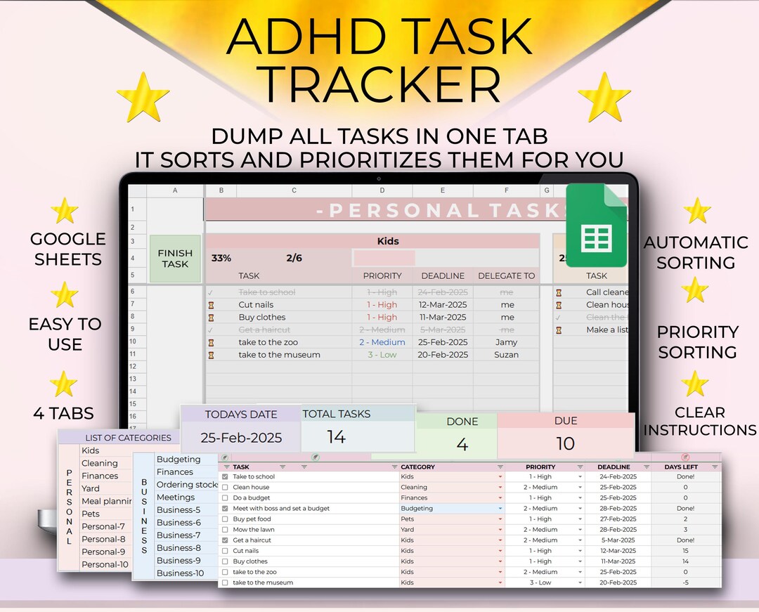 ADHD Task Tracker Spreadsheet for Google Sheets, Project Management ...